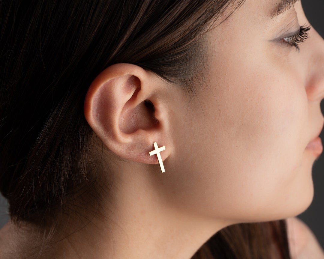 14K Gold Cross Earrings, Cross Stud Earrings, Christian Earrings, Minimalist Cross Earrings ...