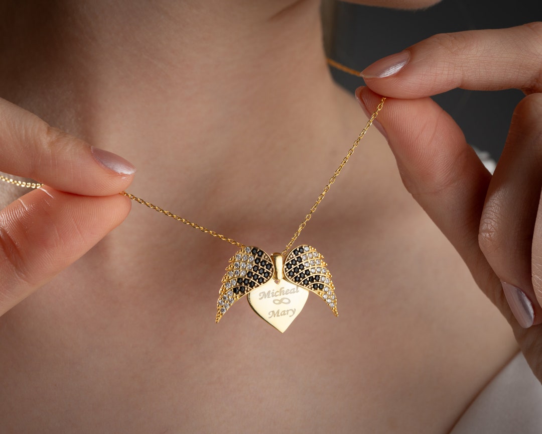 Personalized Angel Wings Necklace With Engraved Name Gold Heart ...