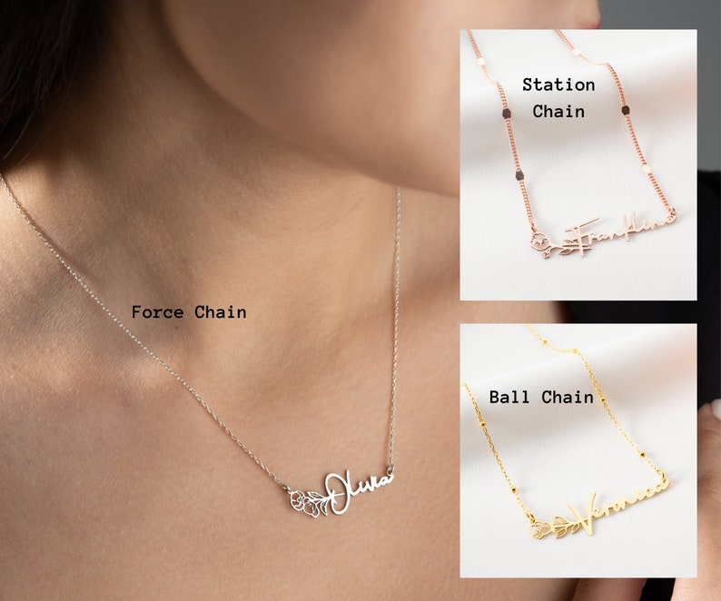 14K Gold Birth Flower Name Necklace • Custom Silver Nameplate Necklace ...