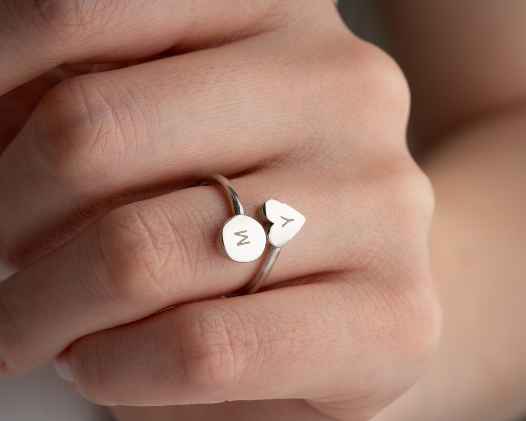 Personalized Gold Heart Ring Tiny Initial Ring Sterling Silver Engraved Letter Ring for Grandma ...