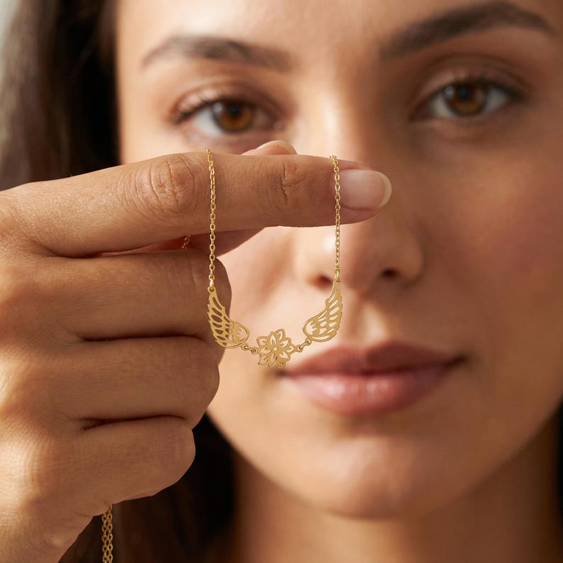 Personalized Birth Flower Angel Wing Necklace Silver Custom Memorial ...