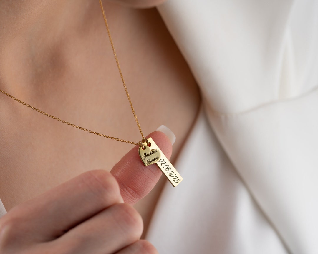 Custom Gold Bar and Heart Necklace Name Bar Necklace Silver Name ...