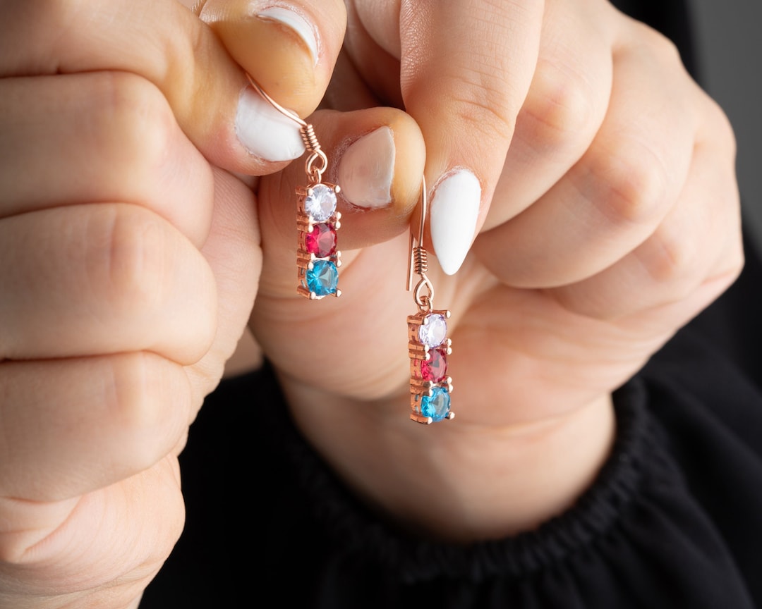 Dainty Gold Birthstone Earrings, Minimalist Dangle Multi-stone Earrings ...