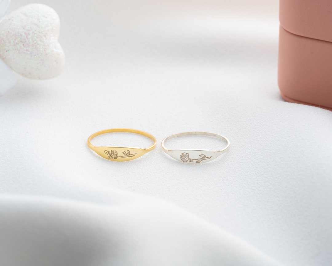 Tiny Silver Birth Flower Ring Personalized Birth Month Floral Ring ...