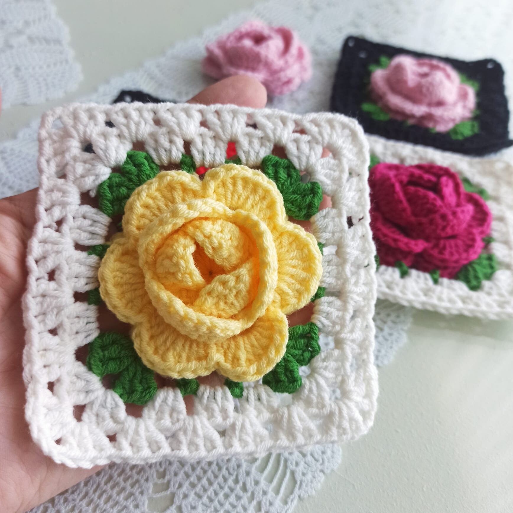 Rose Granny Squares Pieces, Crochet Rose Square Motif Set, Handmade ...