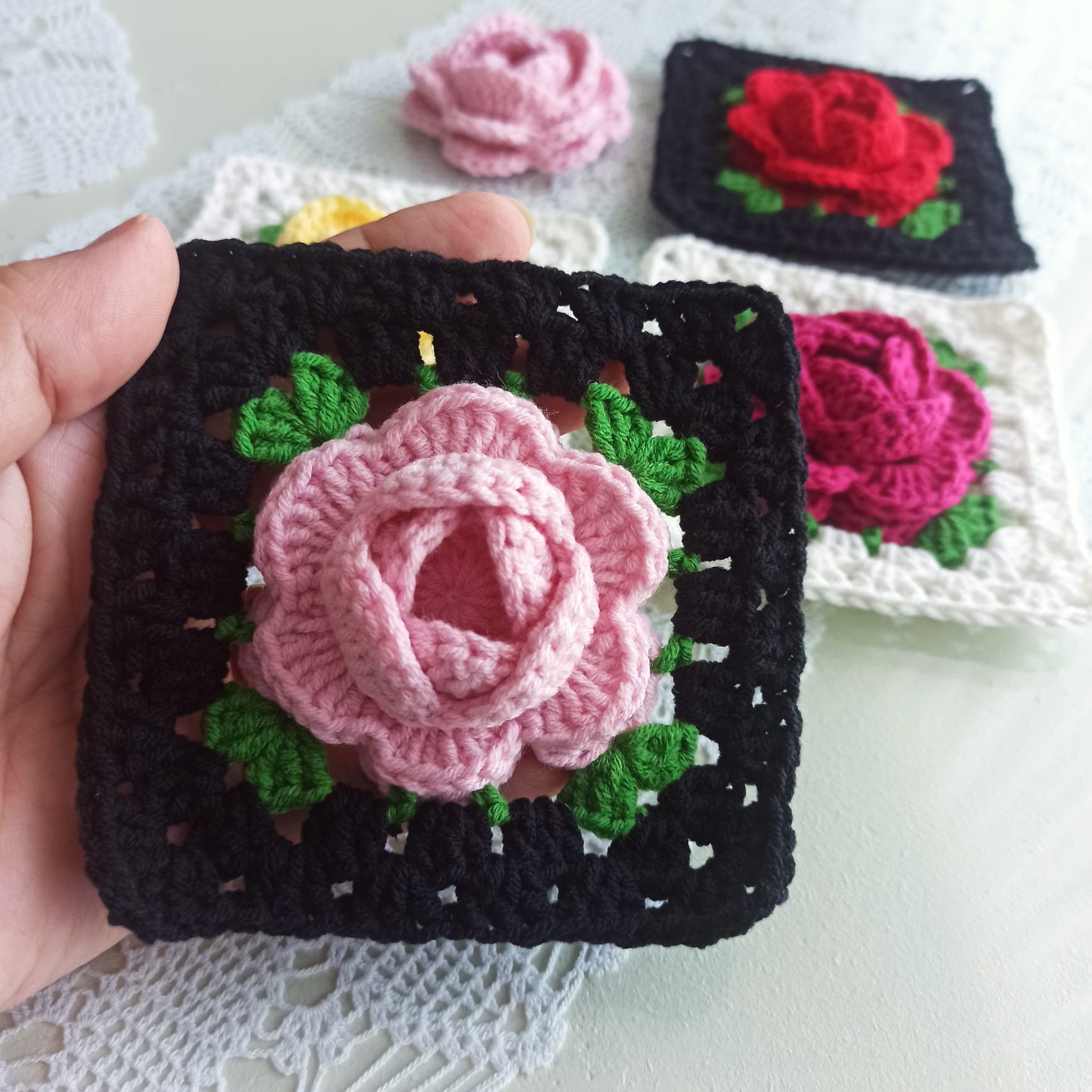 Rose Granny Squares Pieces, Crochet Rose Square Motif Set, Handmade ...