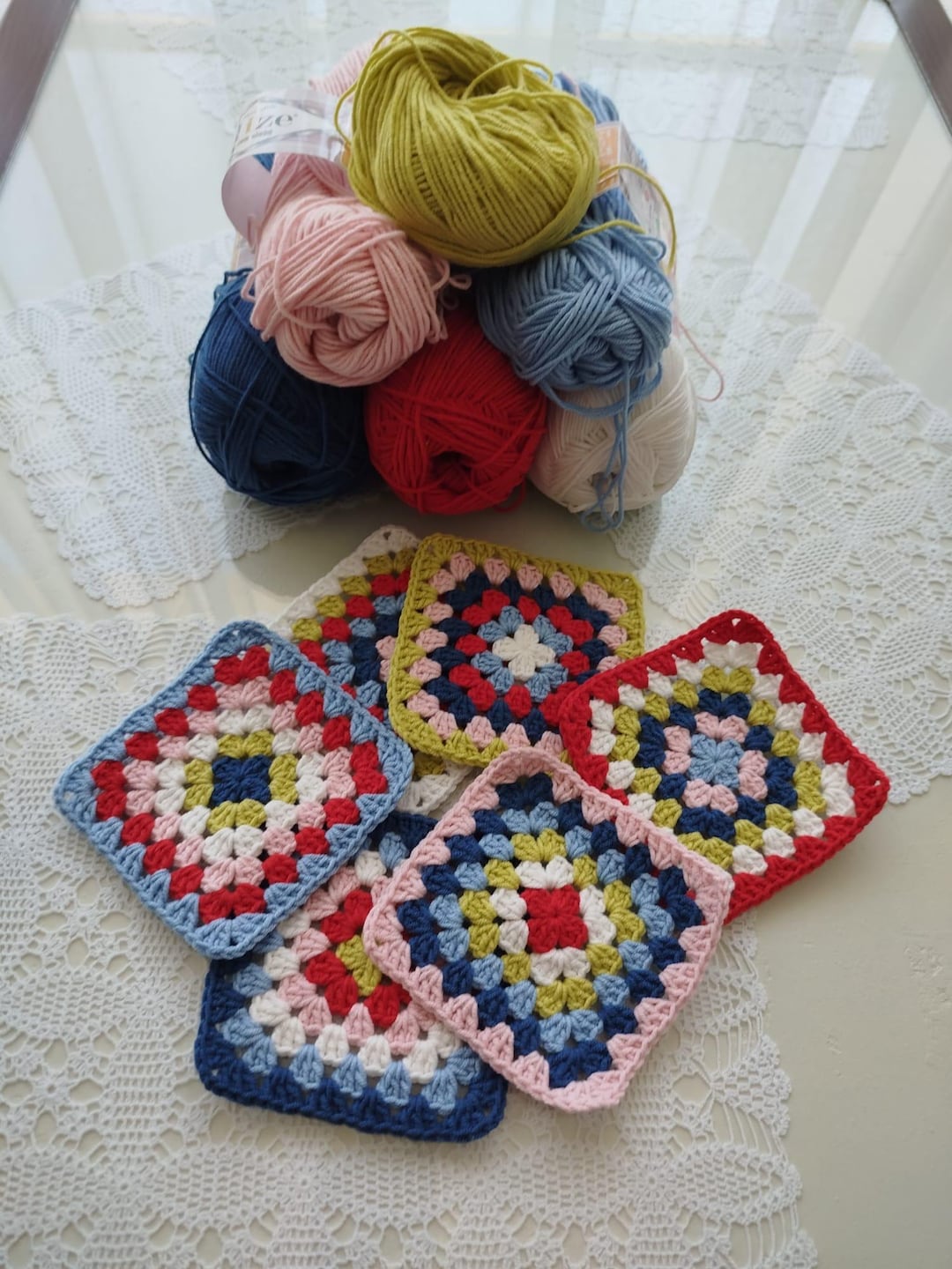 Crochet Granny Squares, Colorful Cotton Acrylic Yarn Pieces, DIY Craft ...