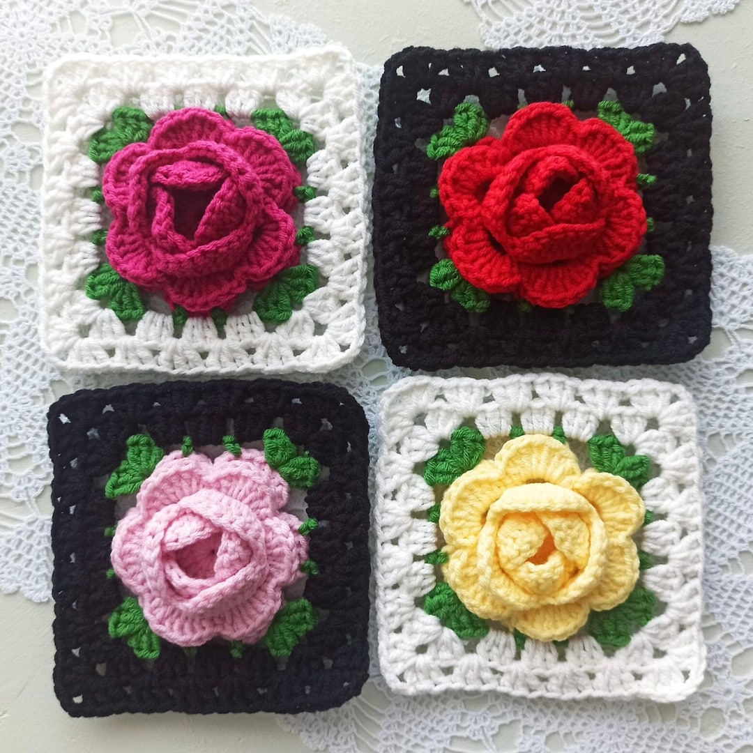 Rose Granny Squares Pieces, Crochet Rose Square Motif Set, Handmade ...