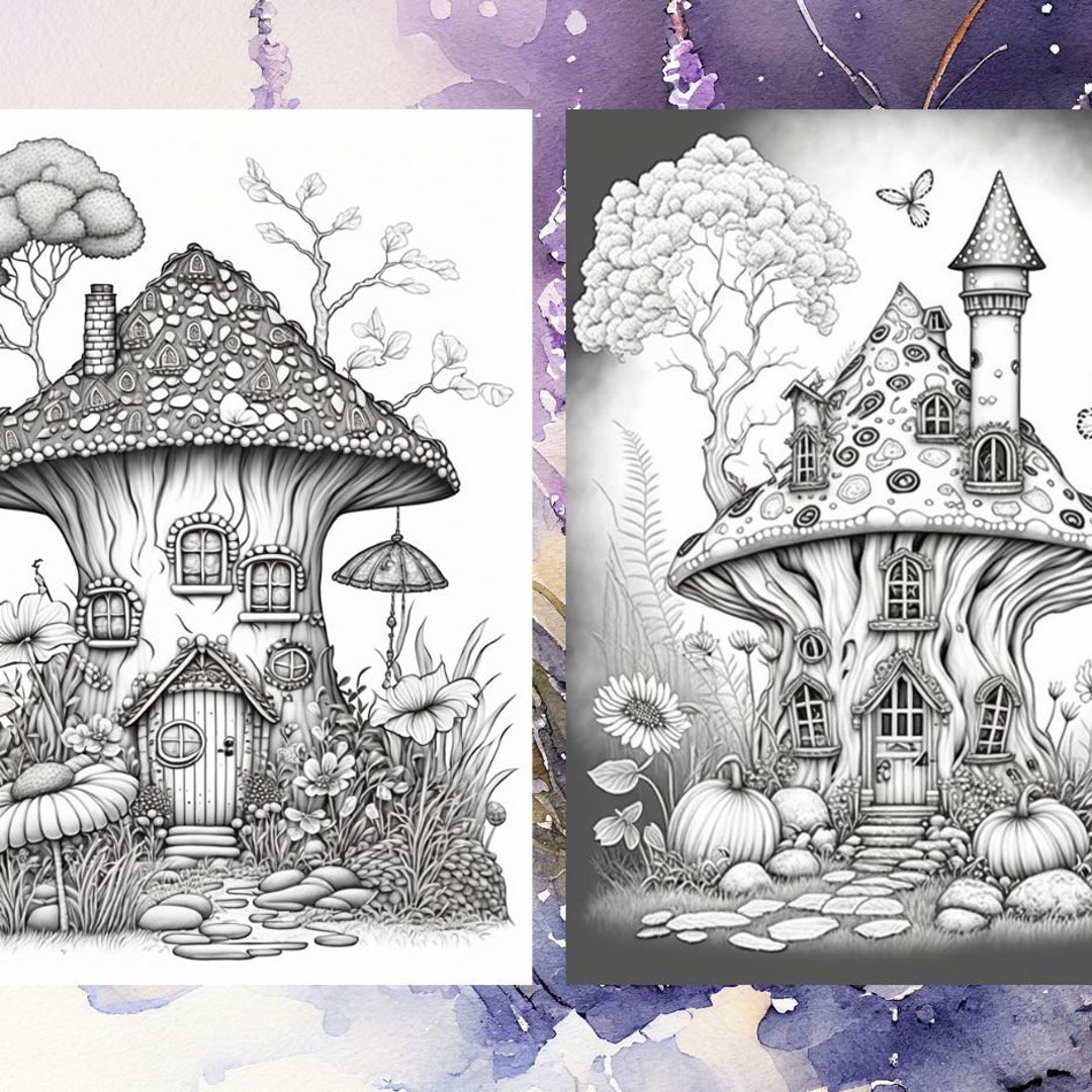 43 Magical Mushroom House, Coloring Book Pages for Adults and Kids , AI ...