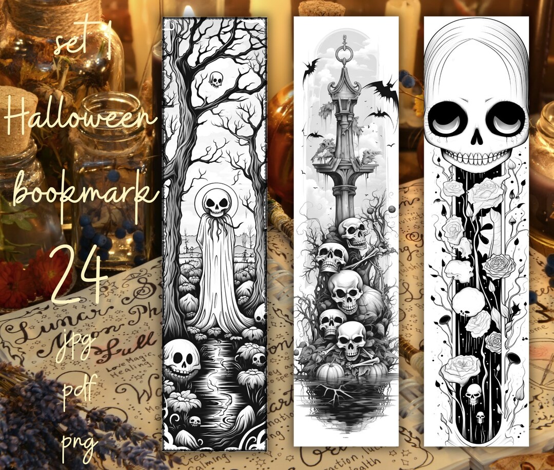 Set 1 Halloween Coloring Bookmarks Printable Bookmarks Digital Download ...