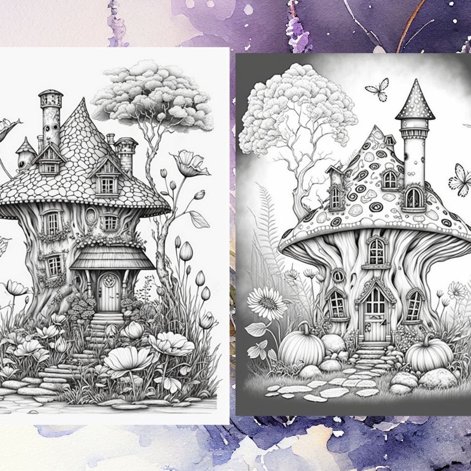 43 Magical Mushroom House Coloring Book Pages for Adults and - Etsy