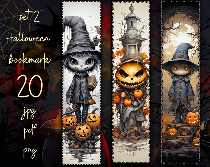 Set 2 Halloween 20 Bookmarks Printable Bookmarks Digital Download ...