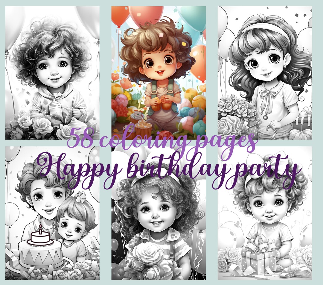 Happy Birthday Party Coloring Pages for Adults and Kids, Instant ...