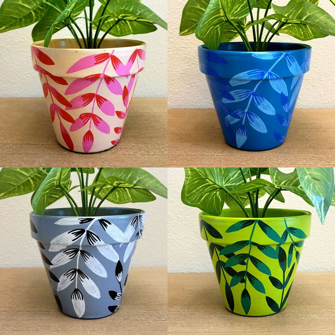 Colorful Leaves Planter Unique Design Painted Clay Pots That - Etsy