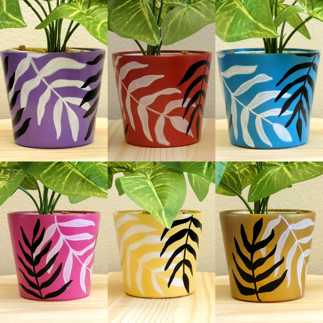 Leaves Design Planter Unique Design Painted Clay Pots That - Etsy