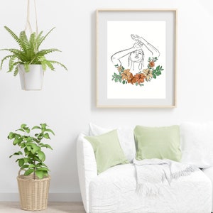 Woman Body Floral Line Art, Female Body Flower Line Drawing Print ...