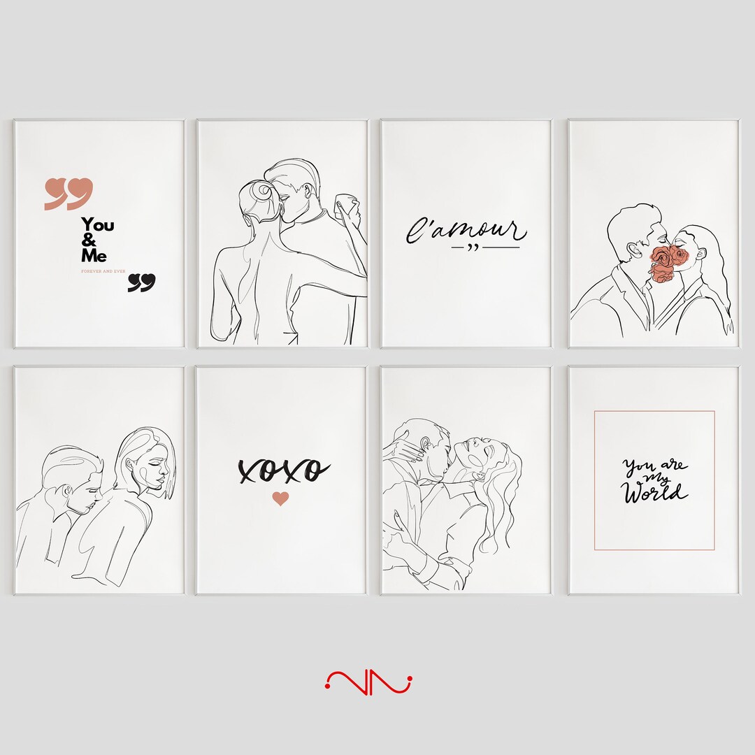 Couple Line Art Set of 8 Printable, Romantic Lovers Quote Digital ...