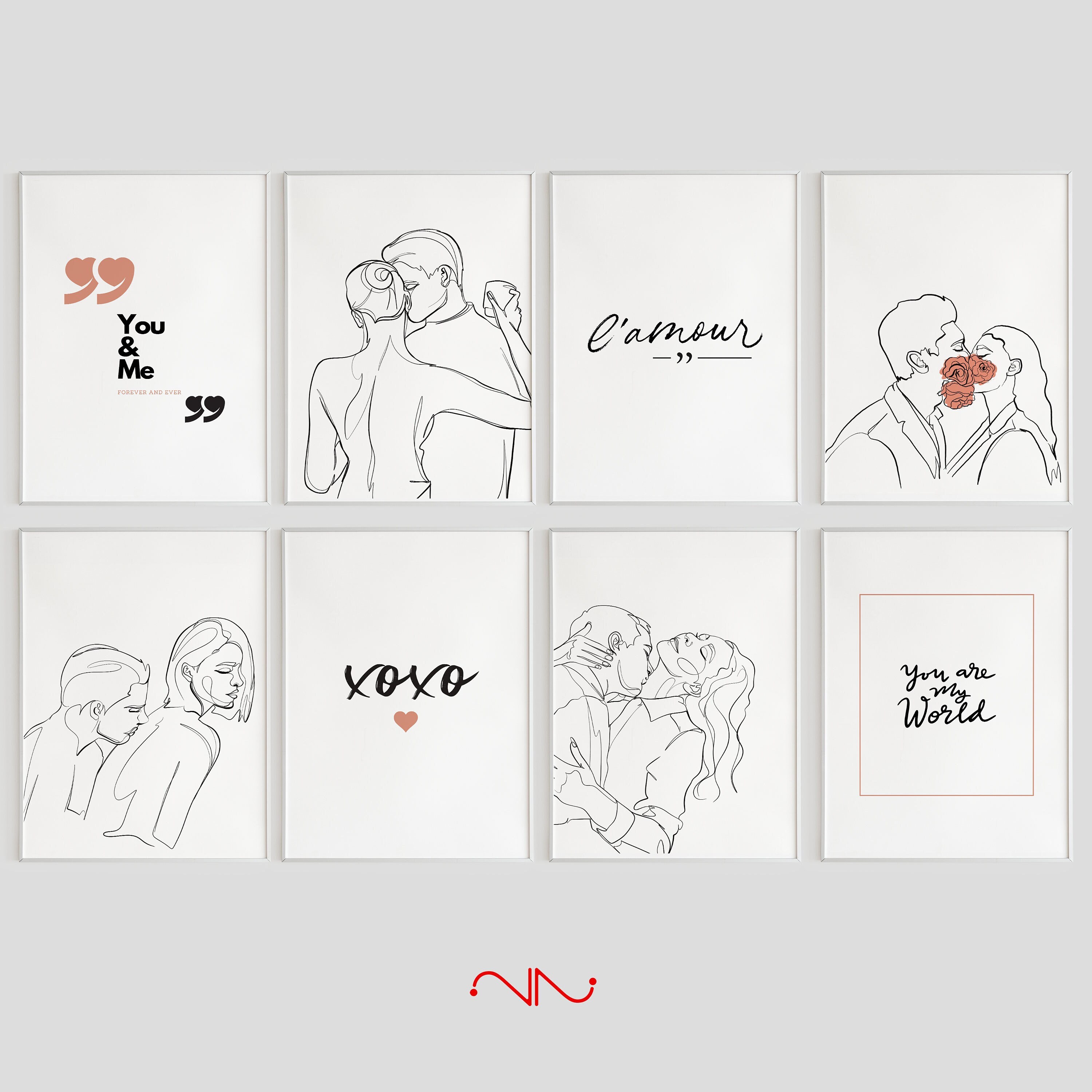 Couple Line Art Set of 8 Printable, Romantic Lovers Quote Digital ...