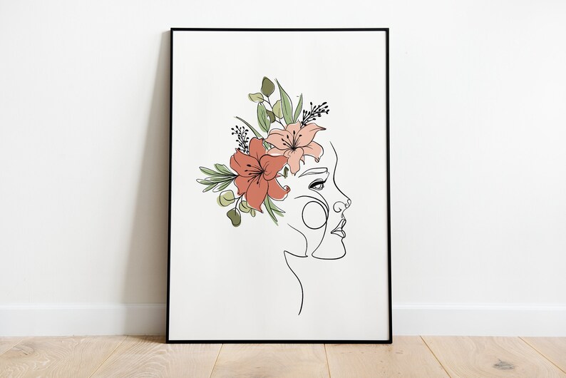 Woman Botanical Flower Line Drawing Printable Poster, Digital Art Home ...