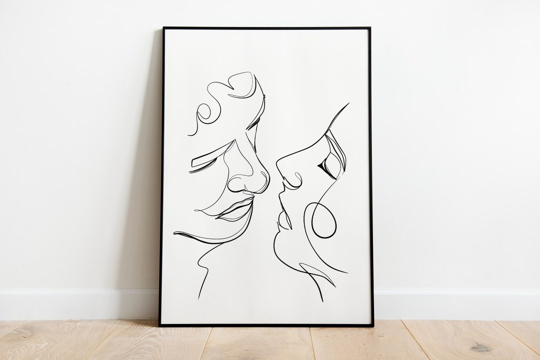 Couple Line Art Print, Love Face Drawing, Man Woman Figure Art ...