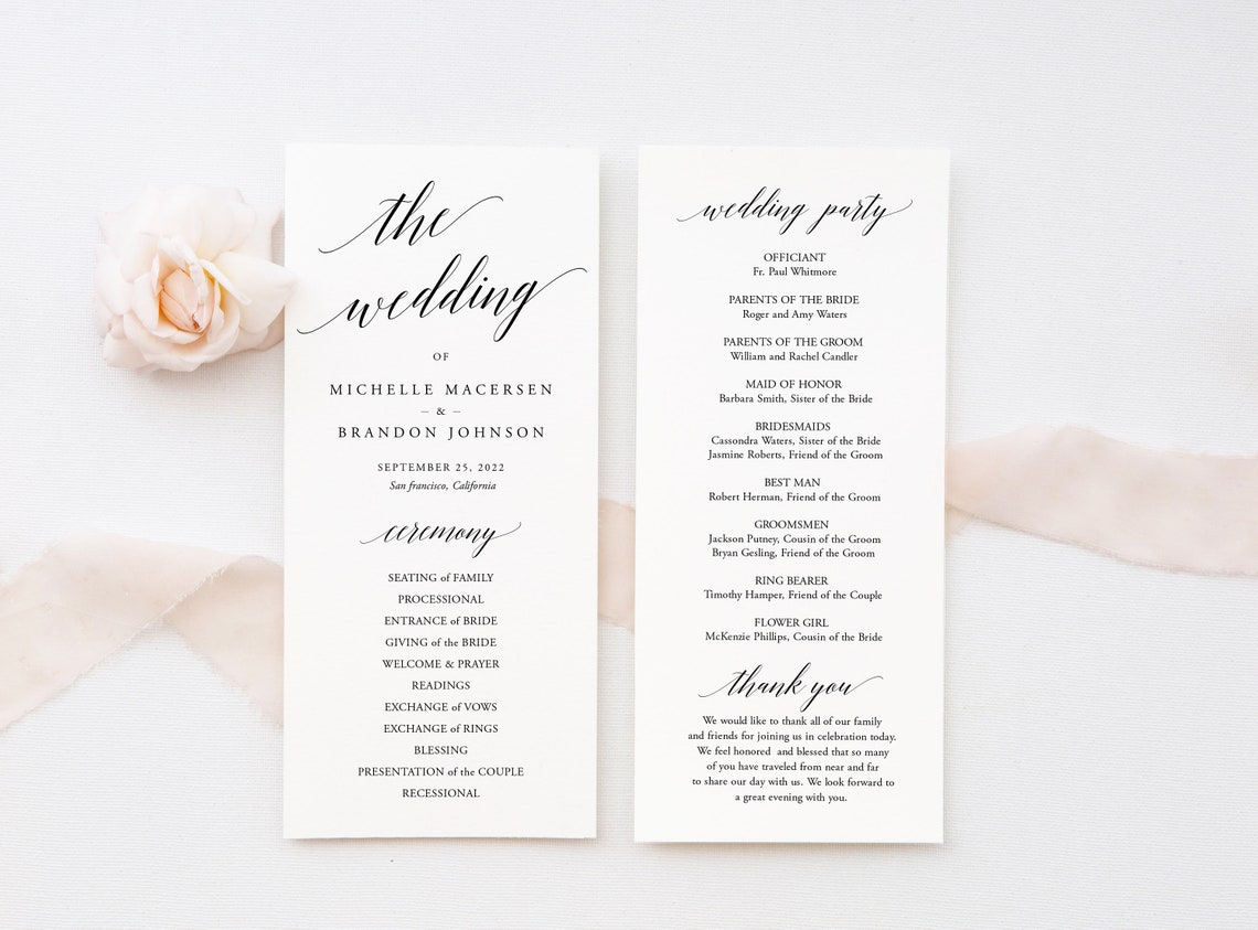 Modern Wedding Program Template, Simple Order of Service, Printable ...