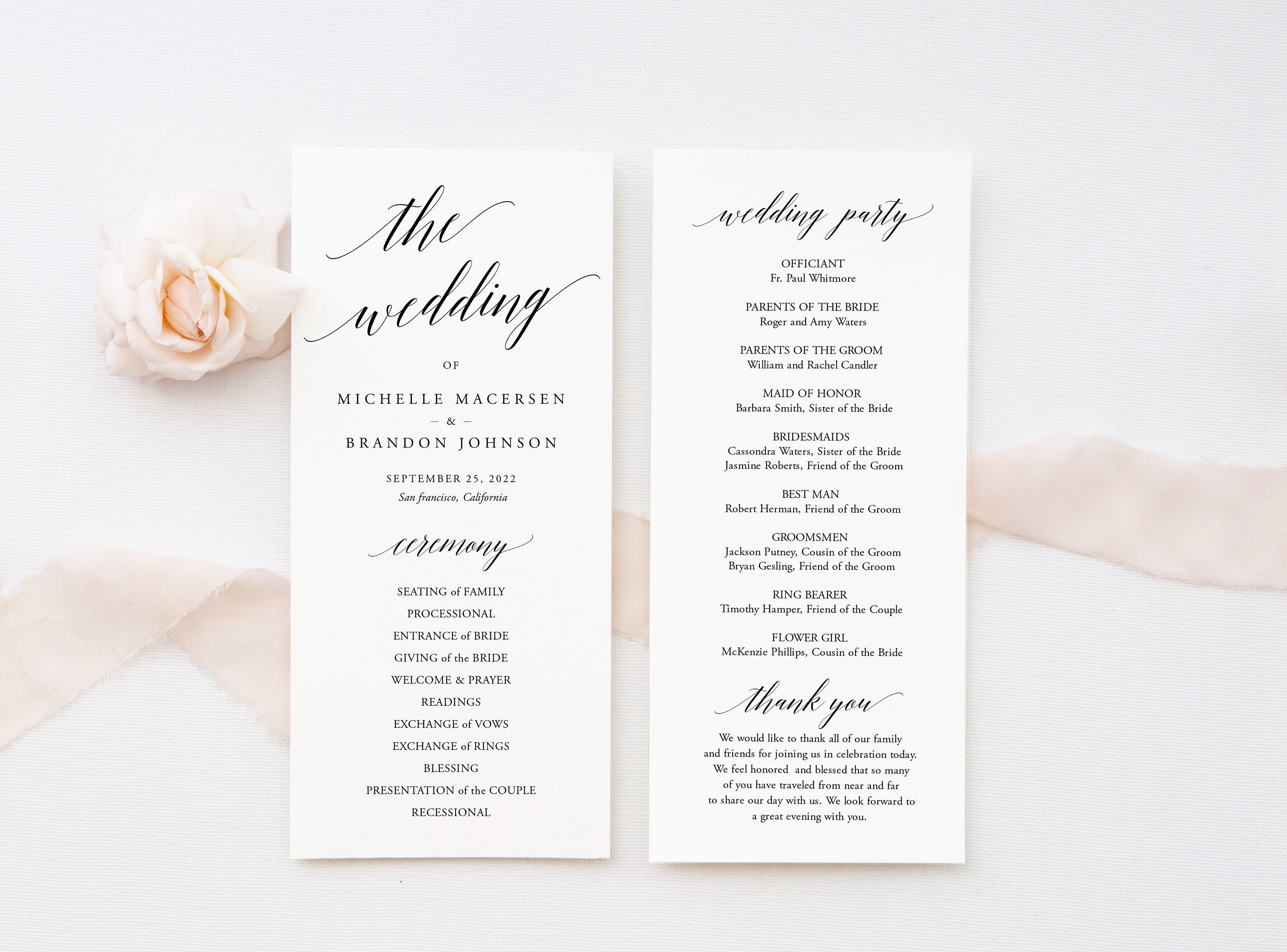Modern Wedding Program Template, Simple Order of Service, Printable ...