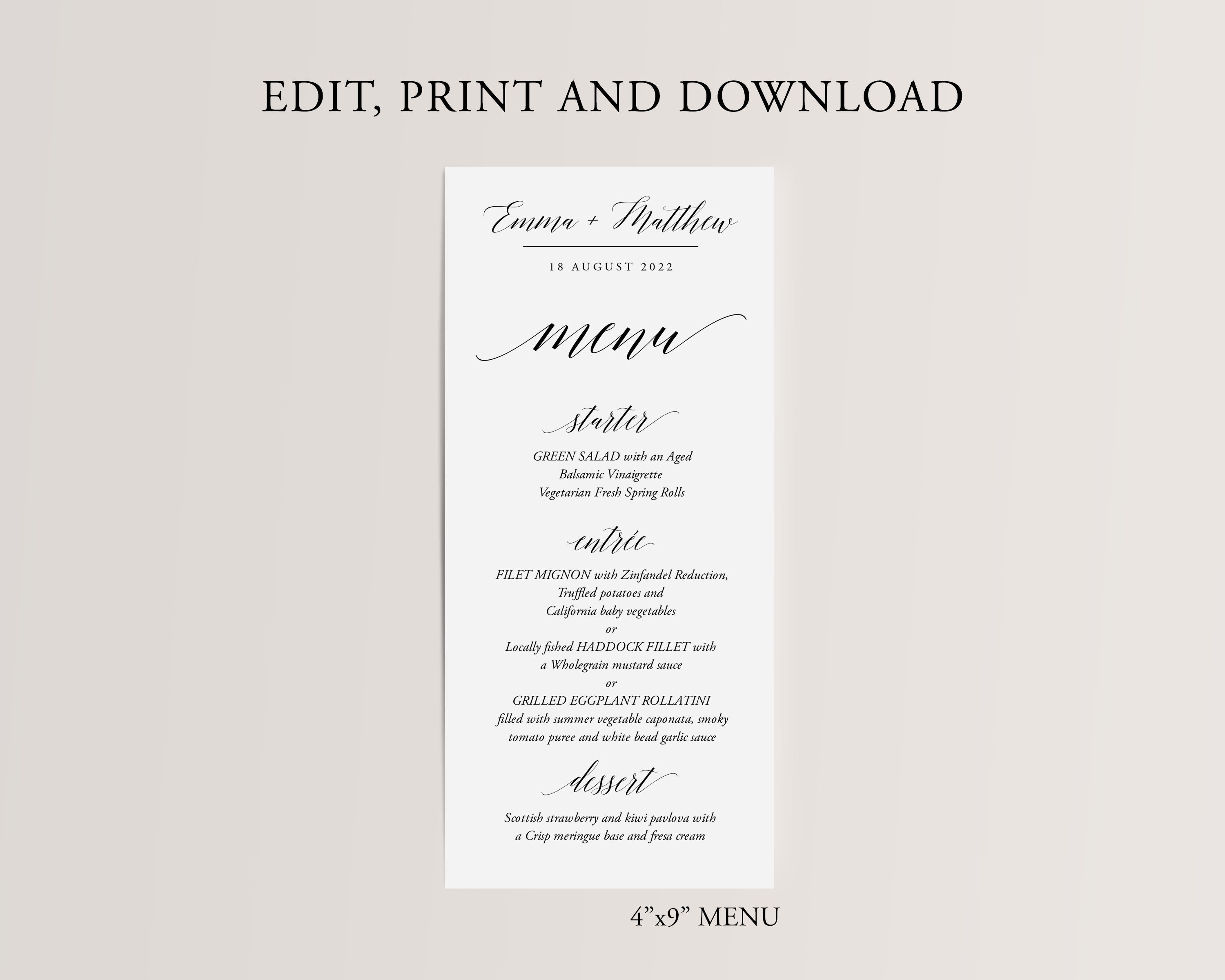 Wedding Menu Template Elegant Wedding Dinner Menu Printable - Etsy