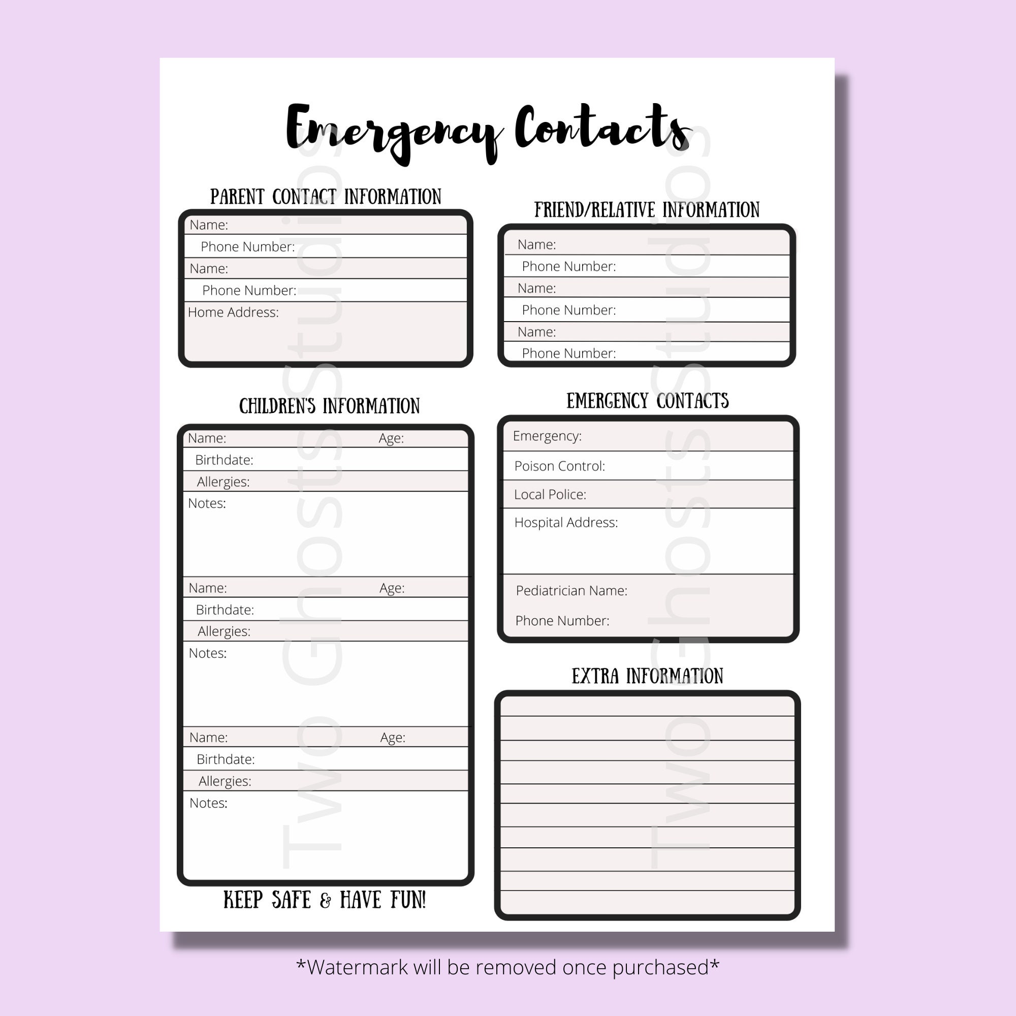 Emergency Contact Digital Download PDF. Emergency Contact Information ...