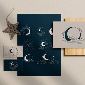 Moon Wave Art Logo Set, Wave SVG, Ocean Clipart, Moon Line Art, Digital ...