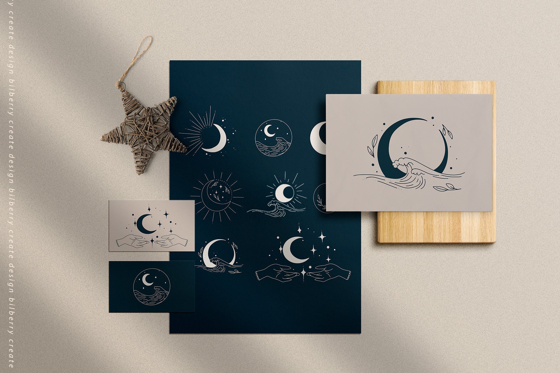 Moon Wave Art Logo Set, Wave SVG, Ocean Clipart, Moon Line Art, Digital ...