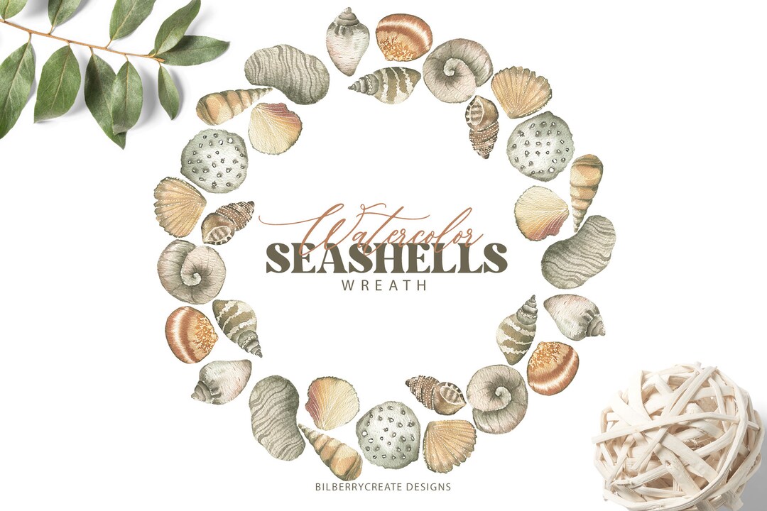 Watercolor Seashells Wreath Ocean Wreath Round Digital Clipart ...