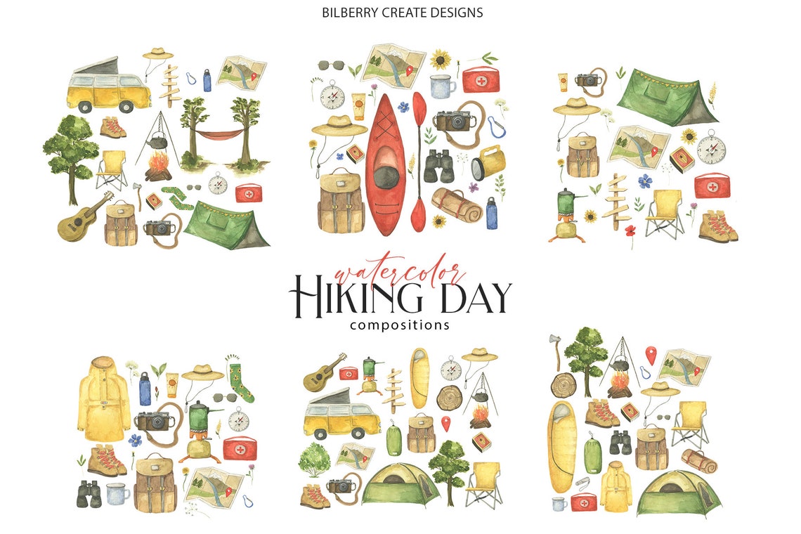 Hiking Day Big Clip Art Set, Camping, Summer Clipart, Travel Clipart ...