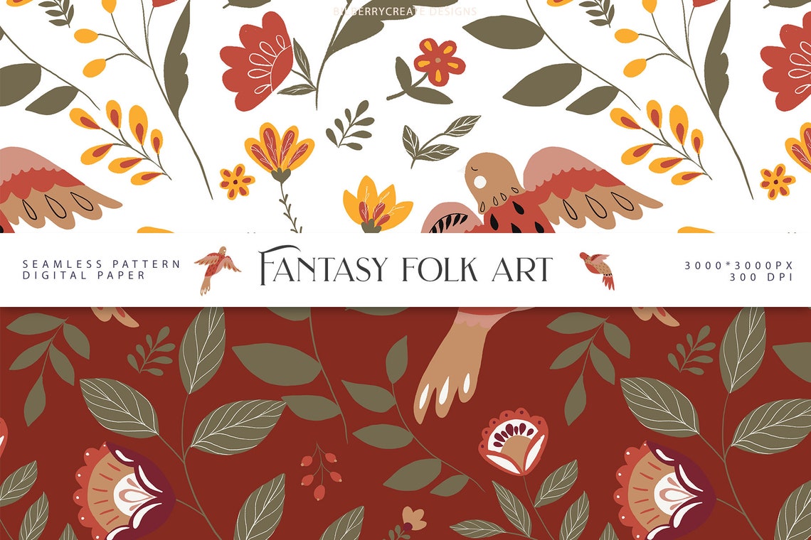 Fantasy Folk Art Digital Paper Set Scrapbook Paper Seamless Patterns ...