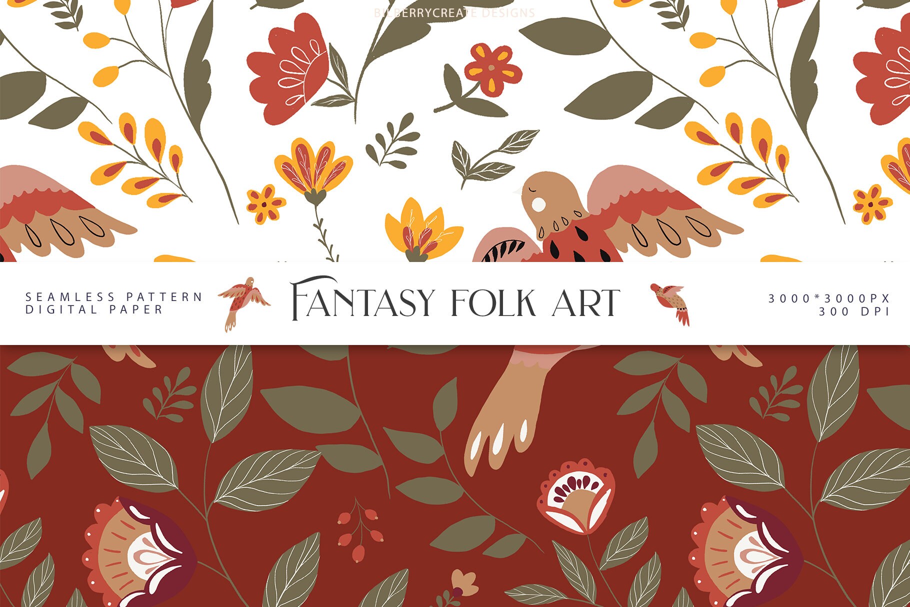Fantasy Folk Art Digital Paper Set Scrapbook Paper Seamless Patterns ...