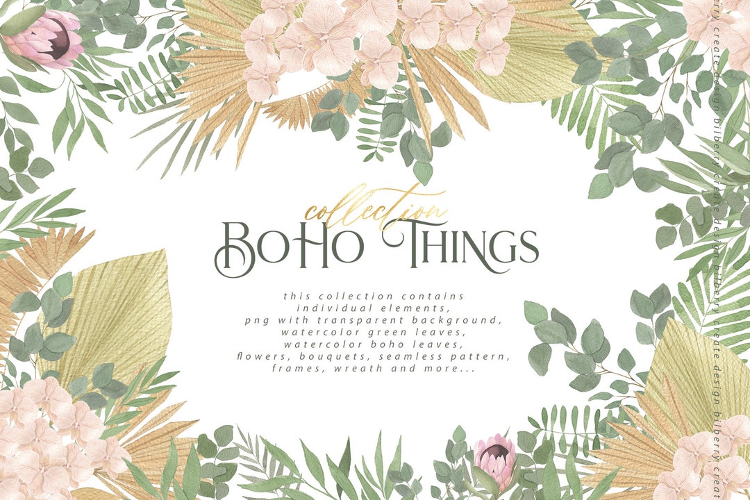 Boho Things Art Collection Watercolor Digital Clipart PNG Files-wedding ...