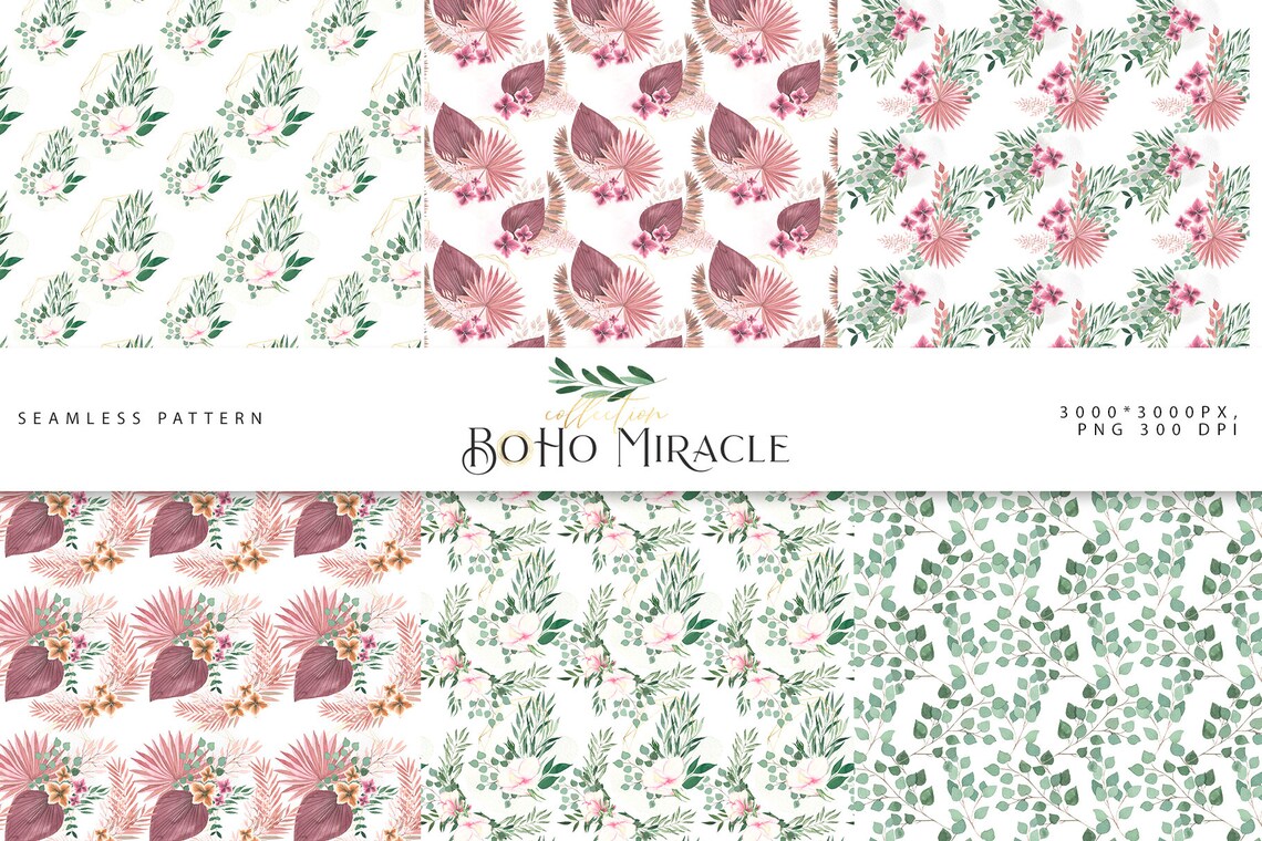 Watercolor Boho Miracle Digital Pattern Scrapbook Paper, Digital Paper ...