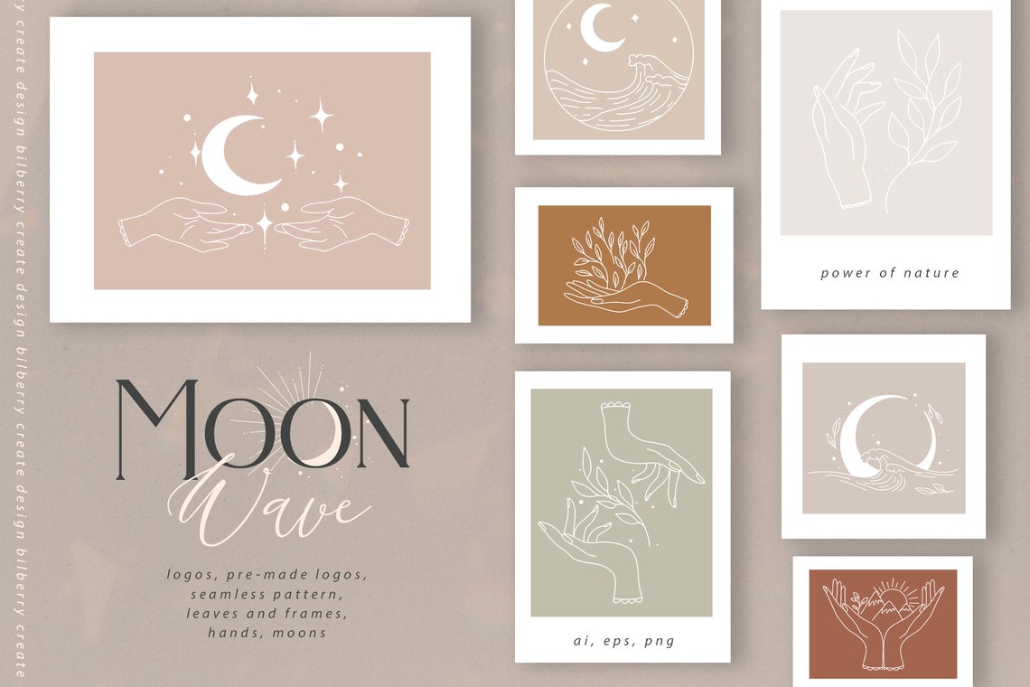 Moon Wave Art Logo Set, Wave SVG, Ocean Clipart, Moon Line Art, Digital ...