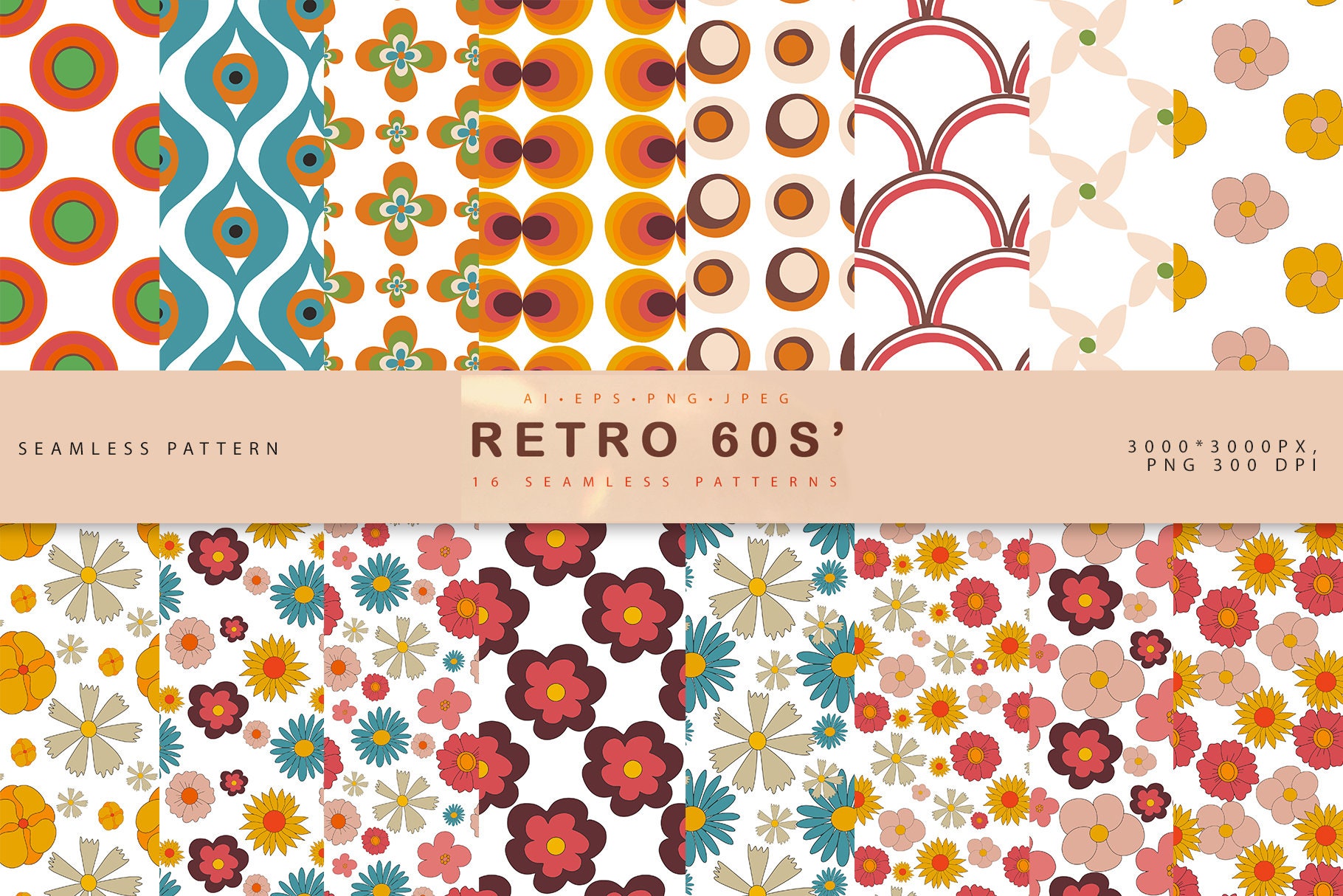 Retro 60s Seamless Pattern Seamless Retro Paper, Digital Paper, Digital ...