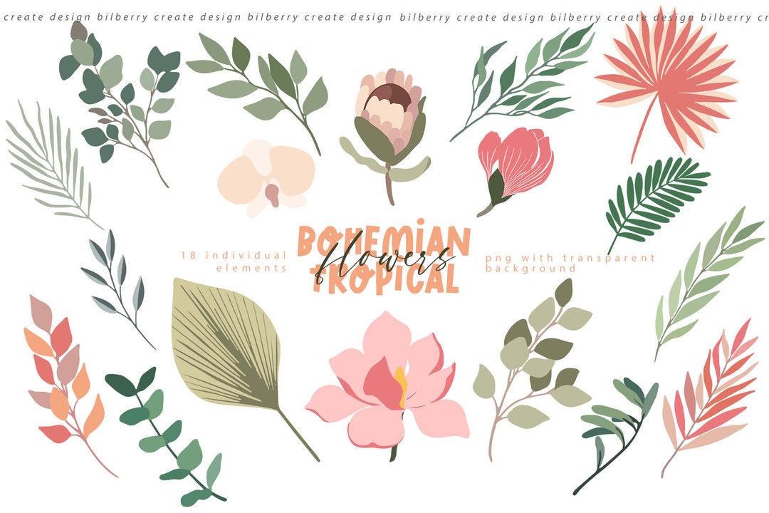Boho Flowers Clipart Vector Elements Boho Tropical Clipart - Etsy
