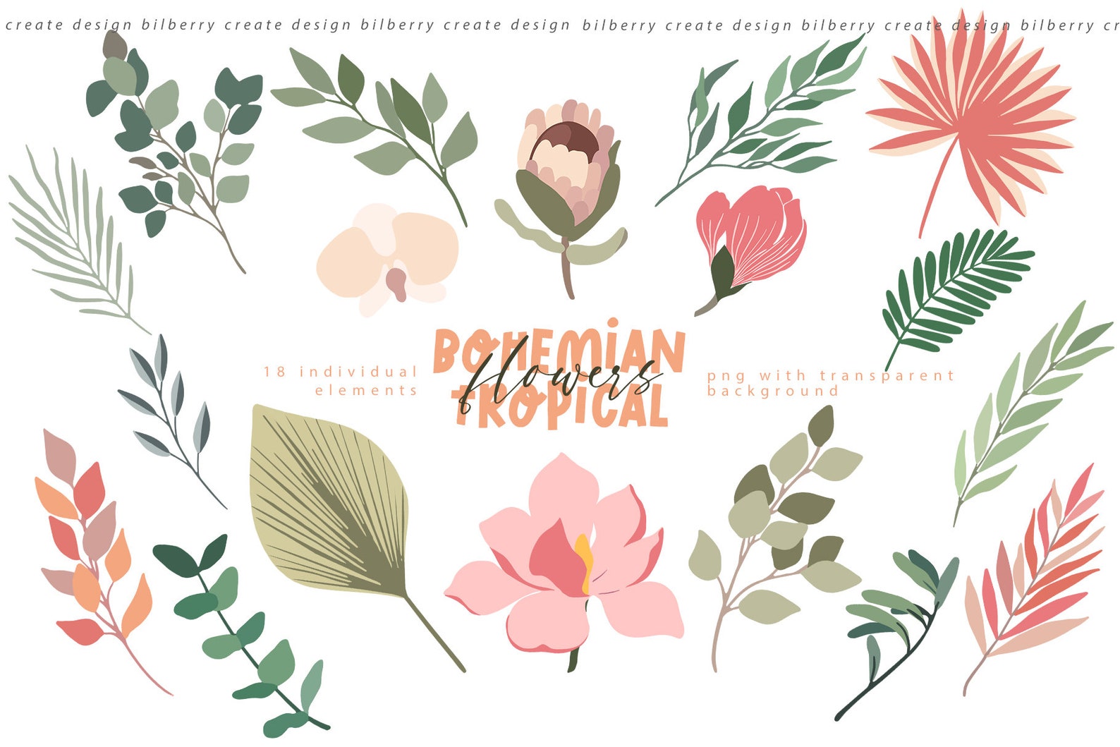 Boho Flowers Clipart Vector Elements Boho Tropical Clipart - Etsy