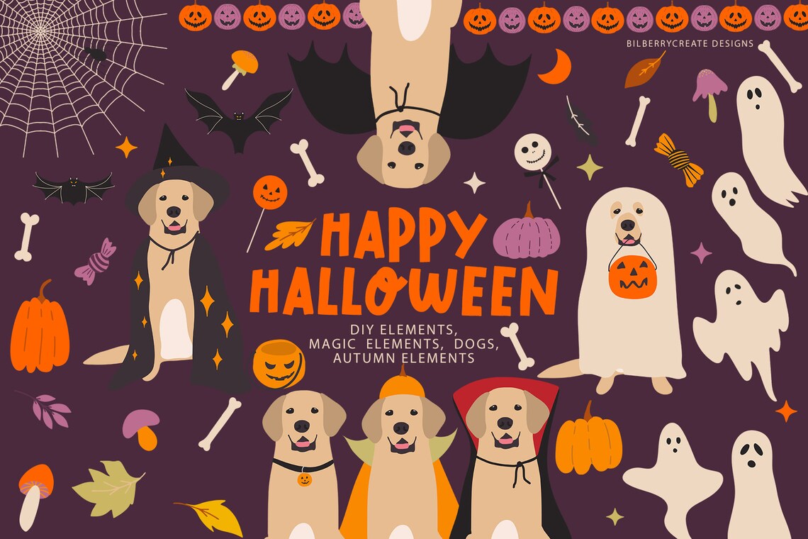 Halloween Dogs Clip Art, Dogs in Costumes, Spooky Dog Clipart, Pumpkin ...
