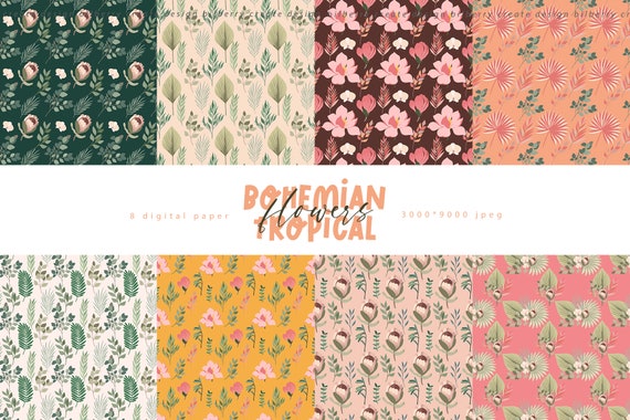 Bohemian Tropical Flowers Digital Paper Scrapbook Paper | Etsy