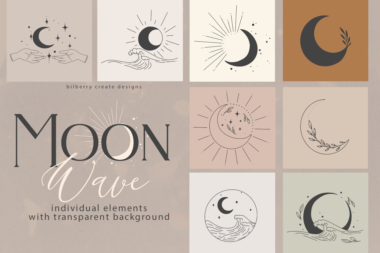 Moon Wave Art Logo Set, Wave SVG, Ocean Clipart, Moon Line Art, Digital ...