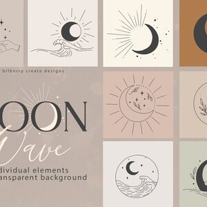 Moon Wave Art Logo Set, Wave SVG, Ocean Clipart, Moon Line Art, Digital ...