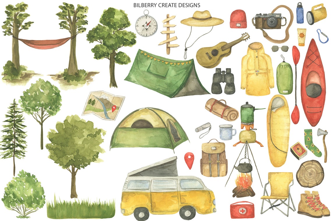 Hiking Day Big Clip Art Set, Camping, Summer Clipart, Travel Clipart ...