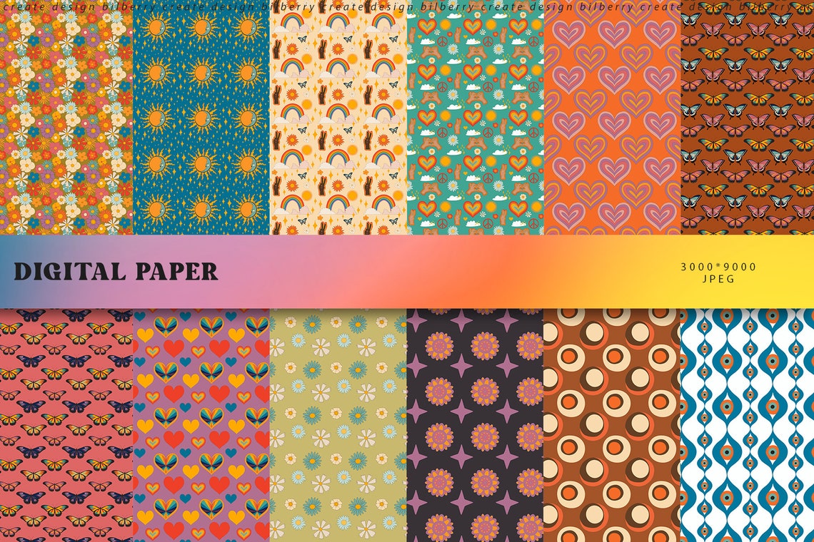 Happiness Summer Child Hippie Digital Papers Groovy ART Retro Digital ...