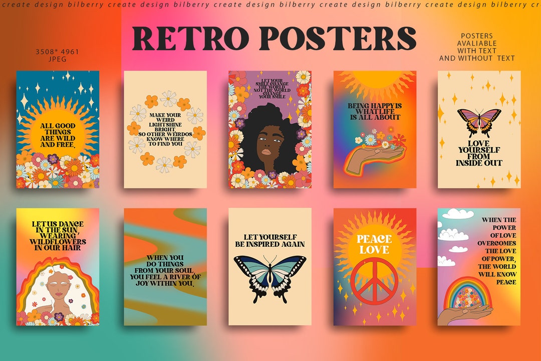 Happiness Summer Child Set 10 Posters Retro Groovy Print Groovy Poster ...
