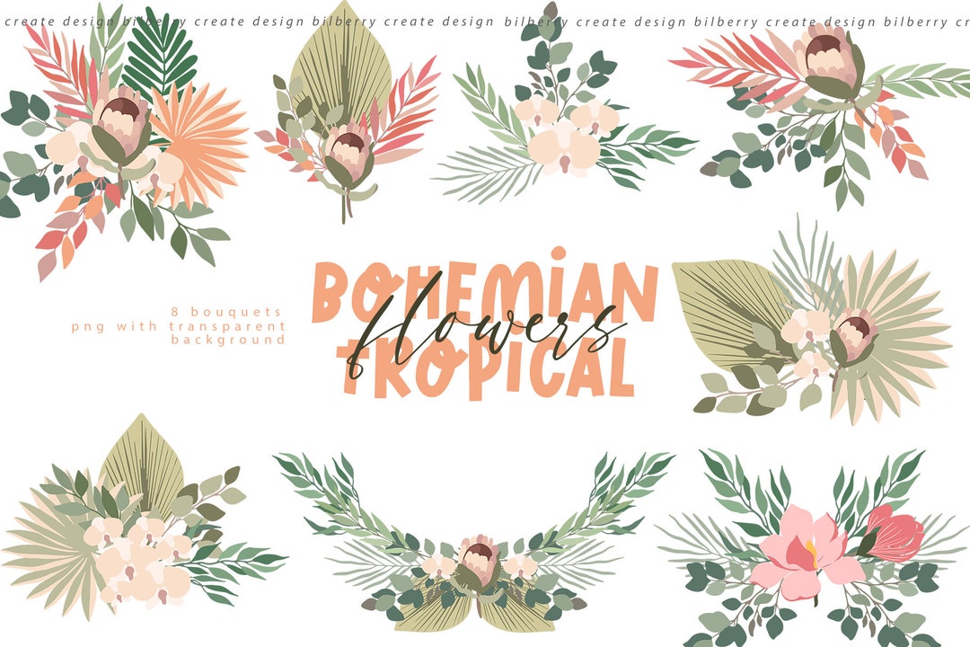 Boho Flowers Bouquets Clipart Png, Boho Tropical Clipart, Boho Flowers ...