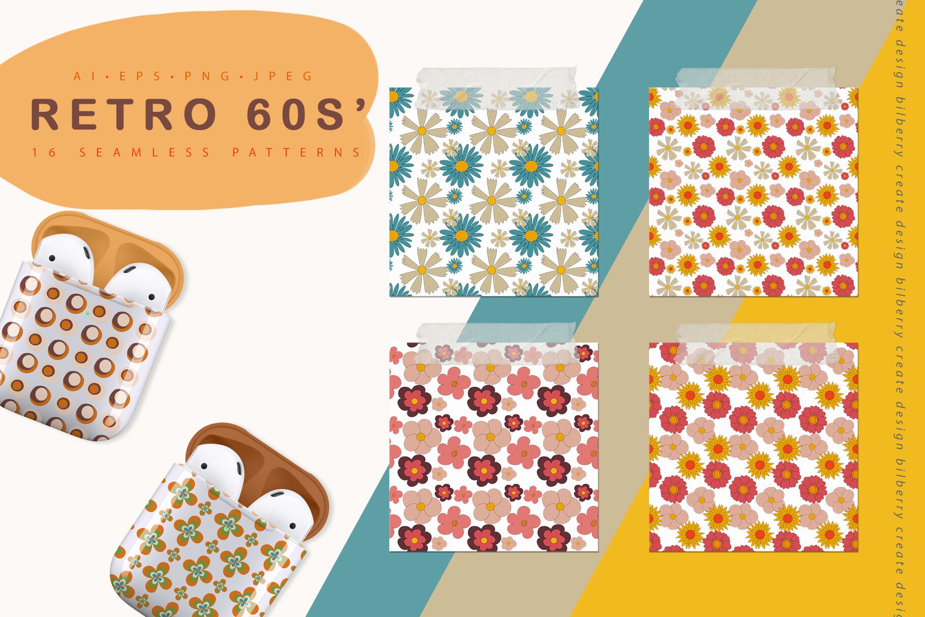 Retro 60s Seamless Pattern Seamless Retro Paper, Digital Paper, Digital ...