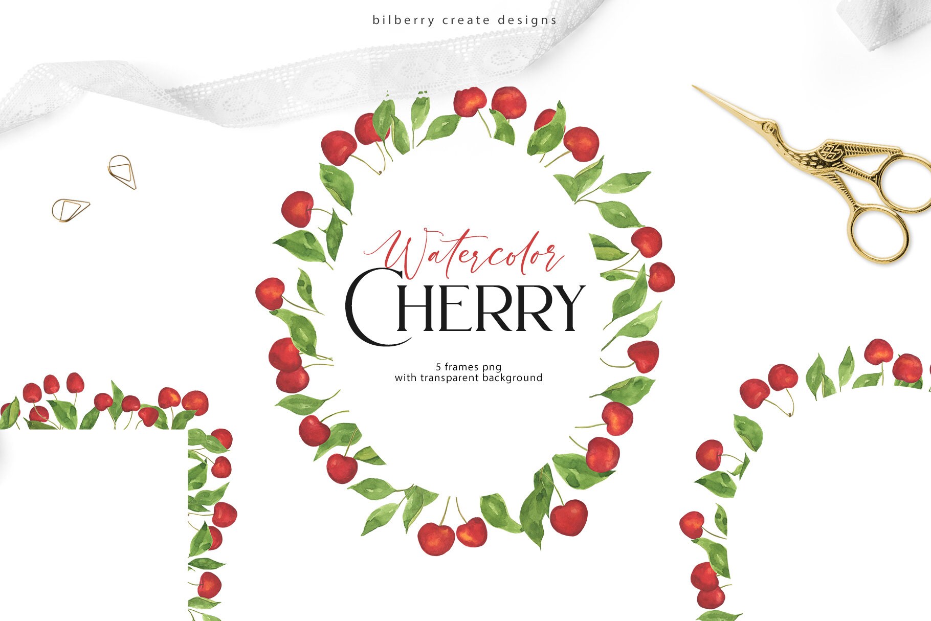 Watercolor Cherry Wreath Cherry Clipart Cherry Frames Hand - Etsy